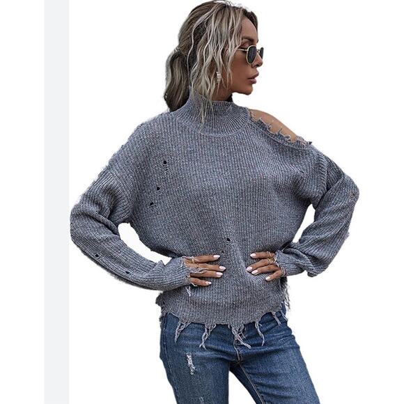 POL | Sweaters | Pol Oversized Gray Cold Shoulder Distressed Sweater ...